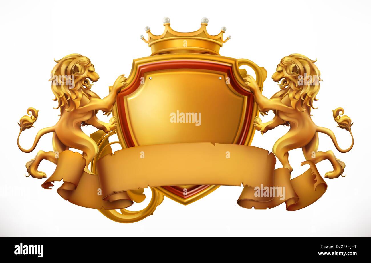 Crown, lions and shield. 3d vector icon Stock Photo - Alamy