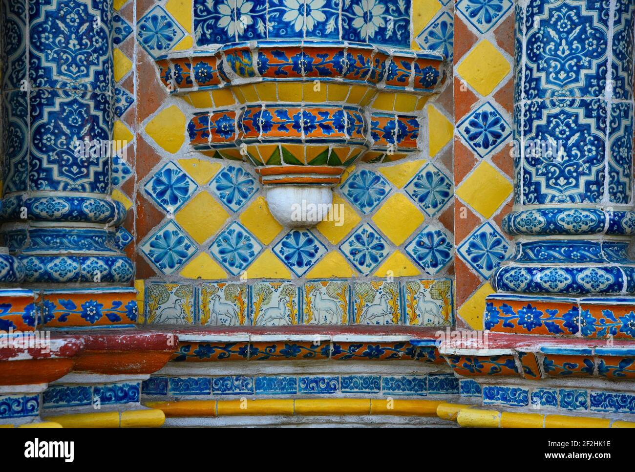 Facade view of the Mexican-Baroque Temple of San Francisco Acatepec ...