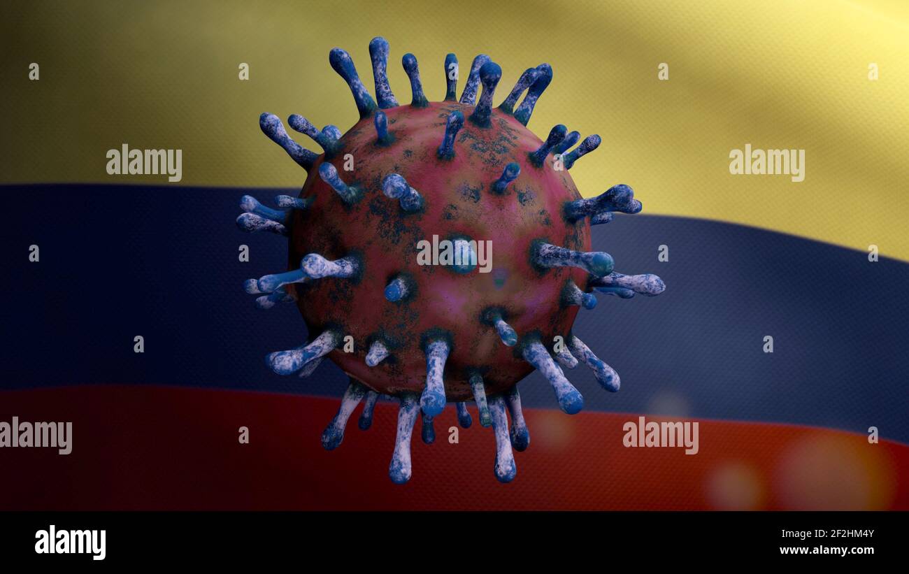 3D illustration Flu coronavirus floating over Colombian flag, pathogen ...