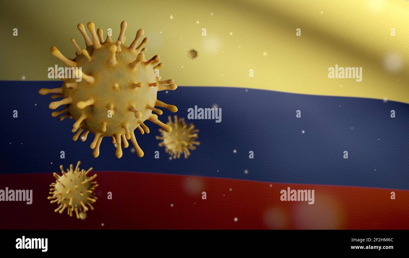 3D illustration Flu coronavirus floating over Colombian flag, pathogen ...
