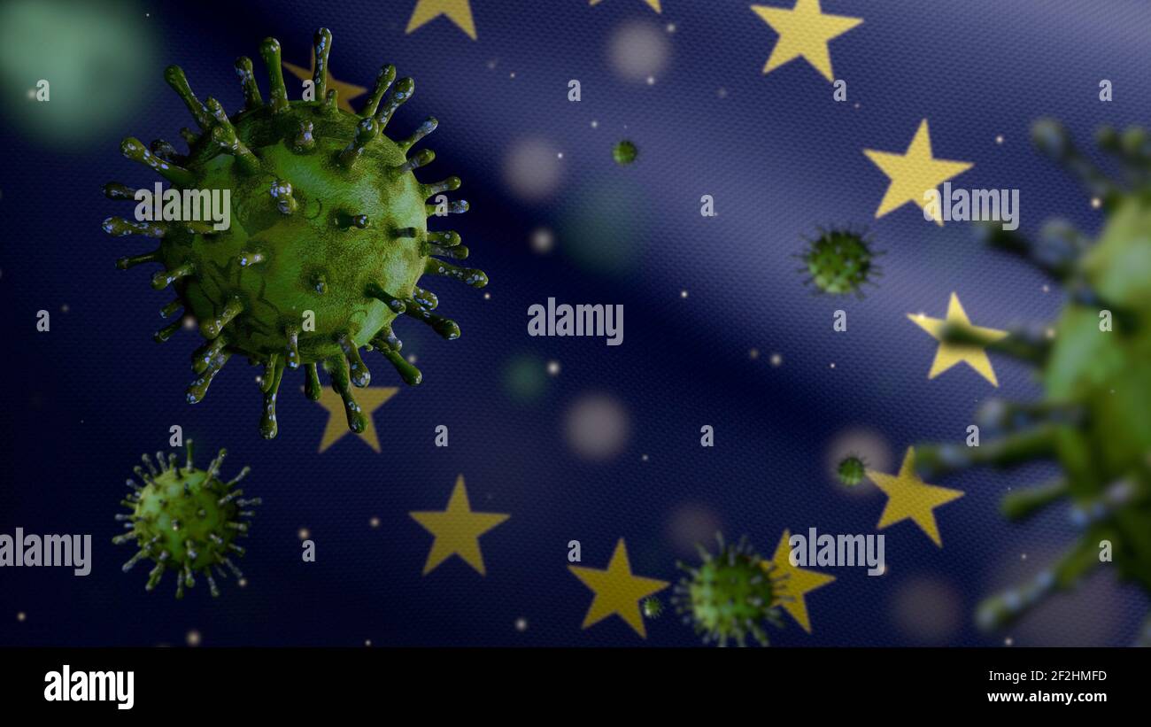 3D illustration Flu coronavirus floating over European Union flag ...