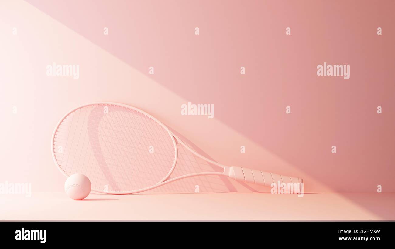 pink tennis racket with ball lit by a ray of light. 3d rendering Stock ...