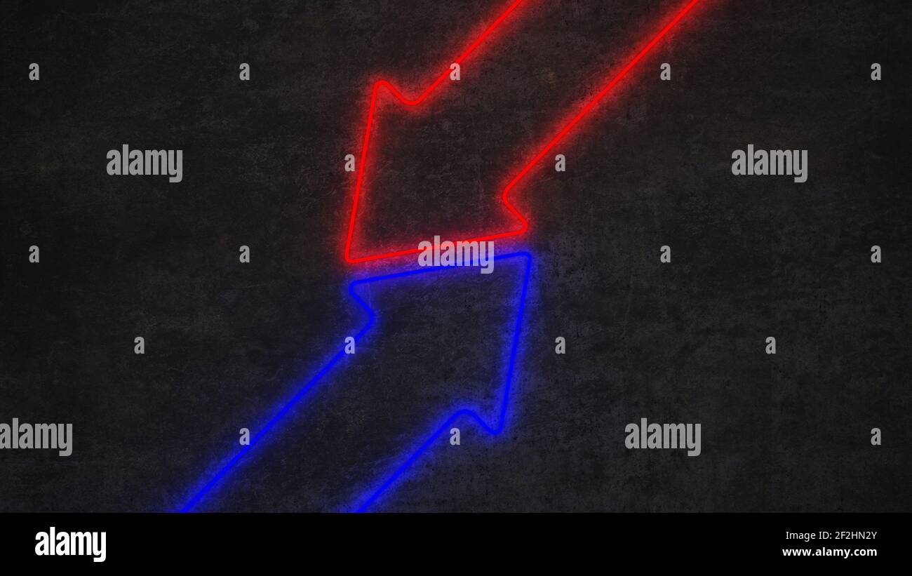 neon counter red and blue arrows on black concrete wall. 3d rendering ...