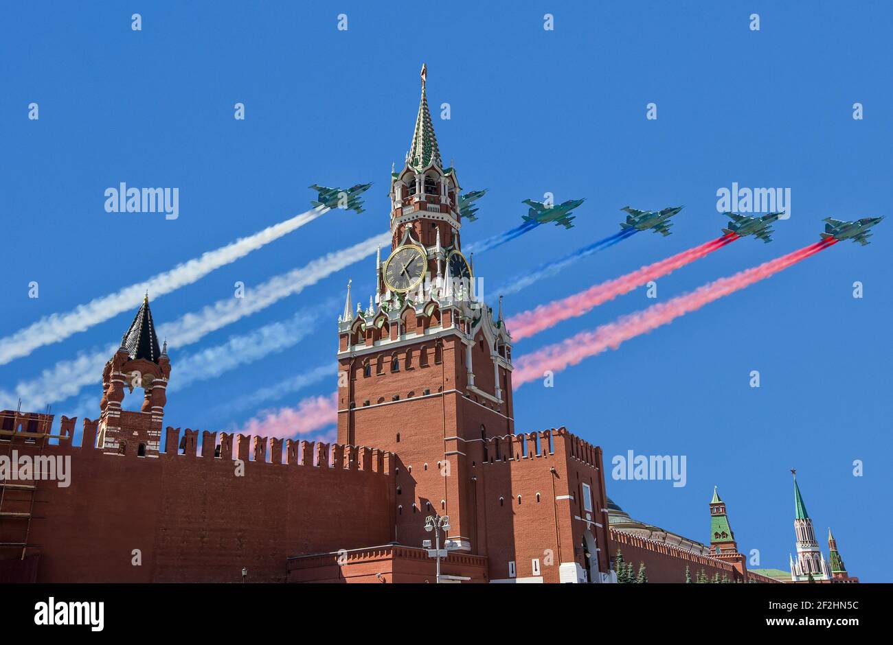 Russian military aircrafts fly in formation over Moscow(Spassky Tower ...