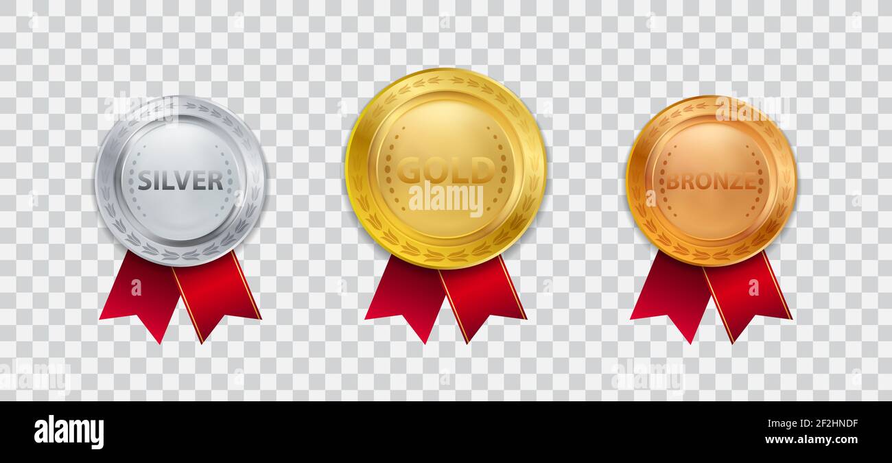 Realistic 3d Champion Gold medal with red ribbon vector illustration ...