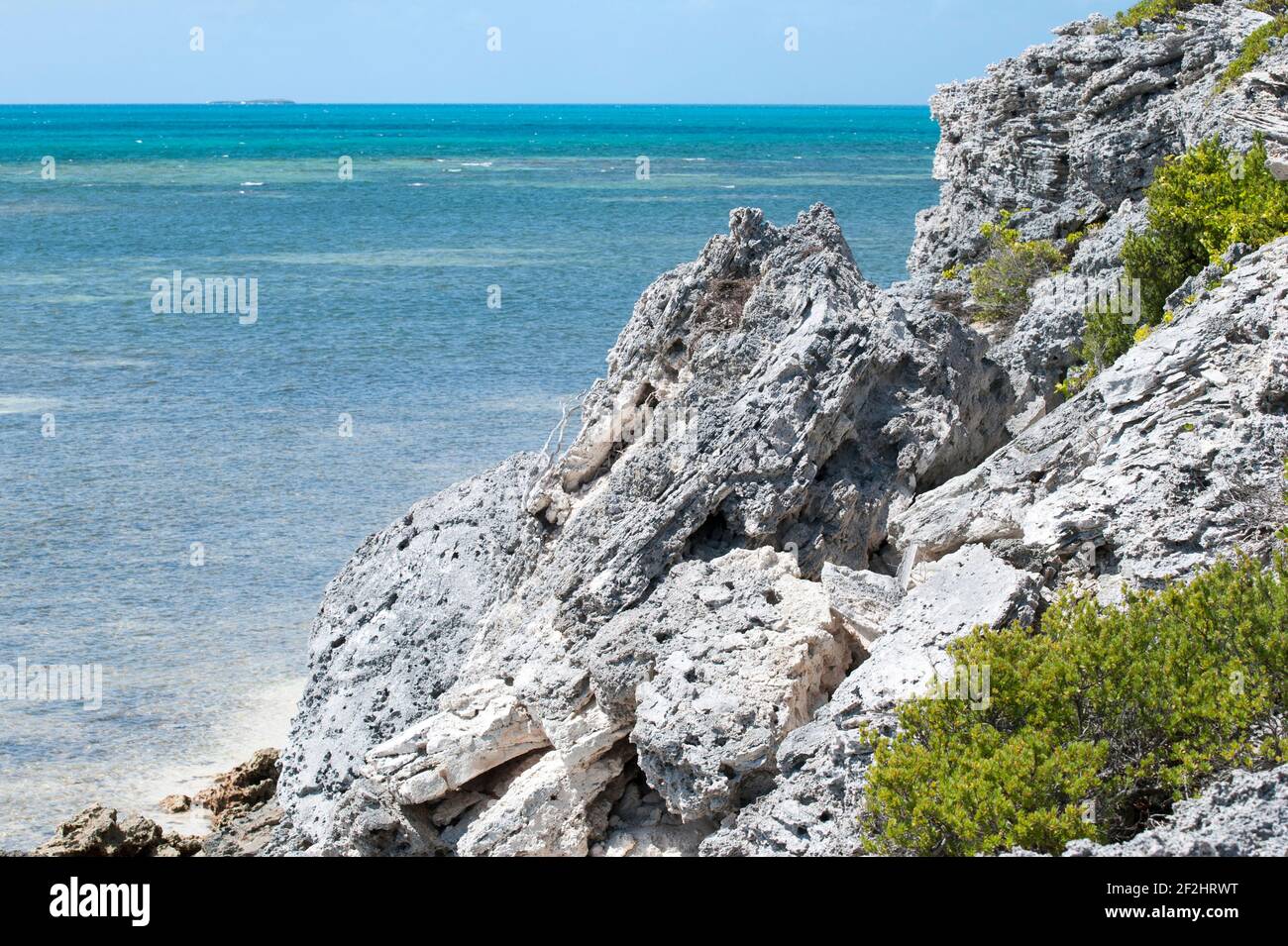 The aerial view of Grand Turk island rocky coastline and Caribbean Sea ...