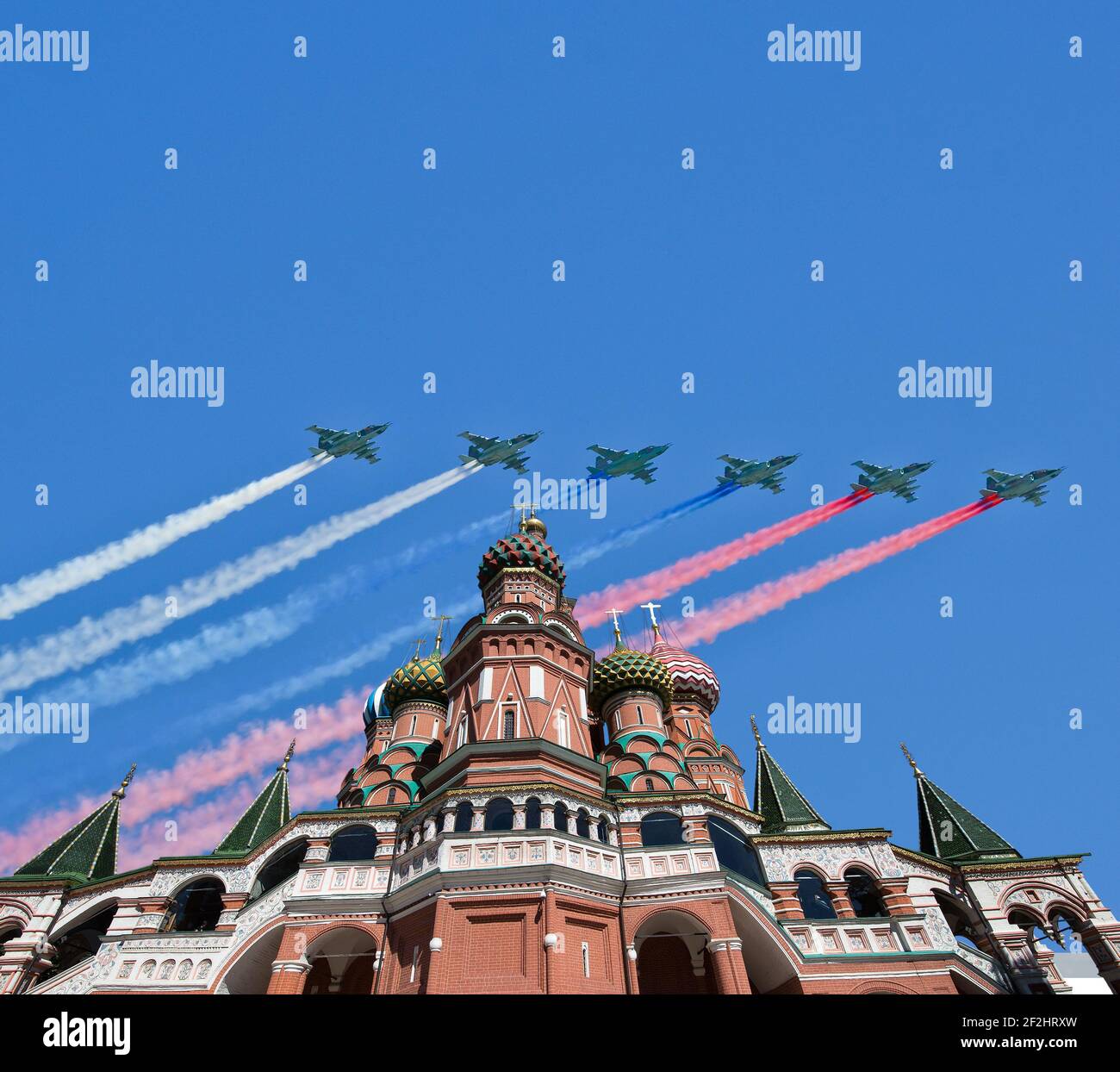 Russian military aircrafts fly in formation over Moscow(Saint Basil ...