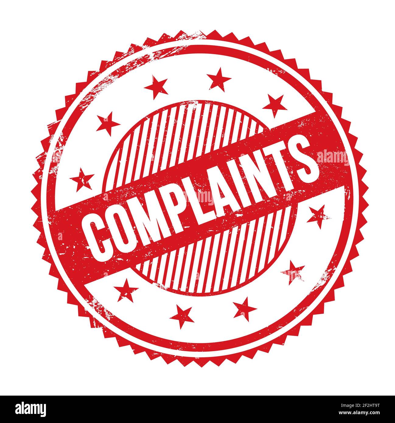 COMPLAINTS text written on red grungy zig zag borders round stamp Stock ...