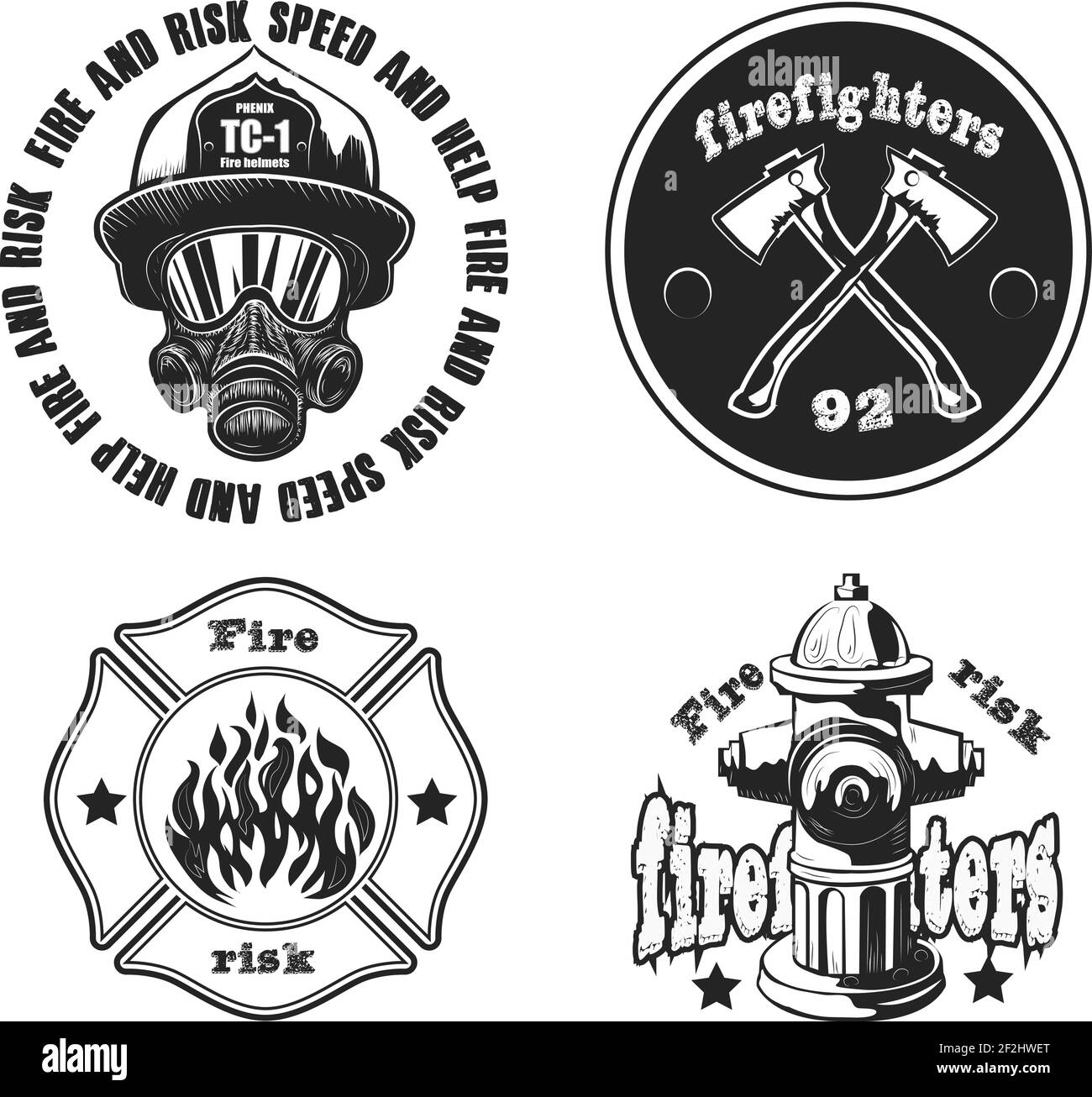 Set of firefighter emblems, labels, badges, logos. Isolated on white ...