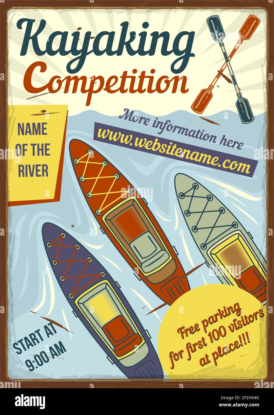 Advertising poster design with illustration of kayaks on the river on ...