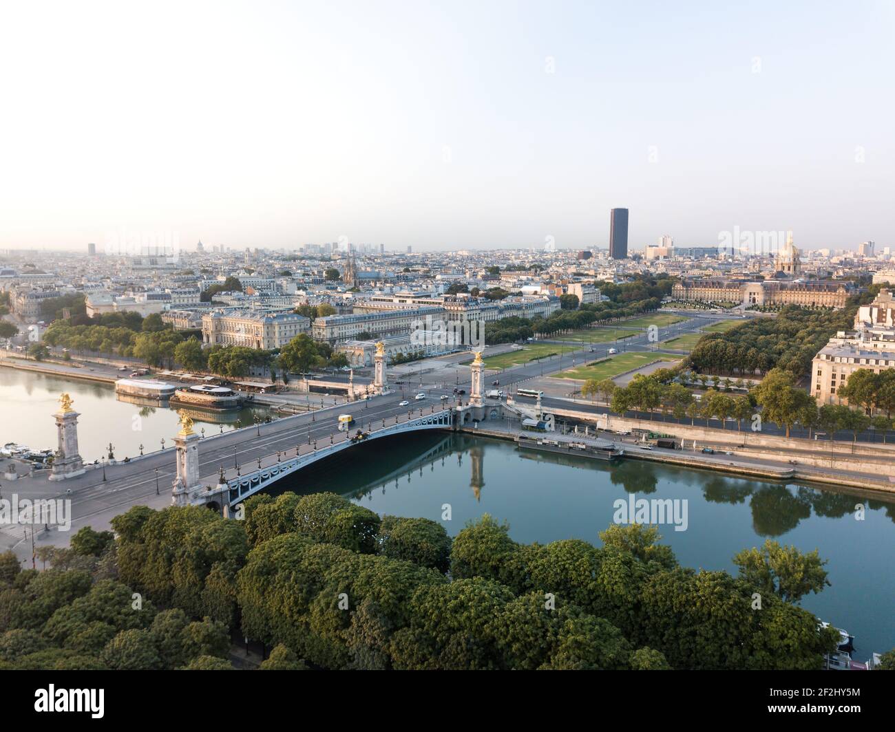 Aerial Pont Alexandre III (deck arch bridge) over seine, featuring ...