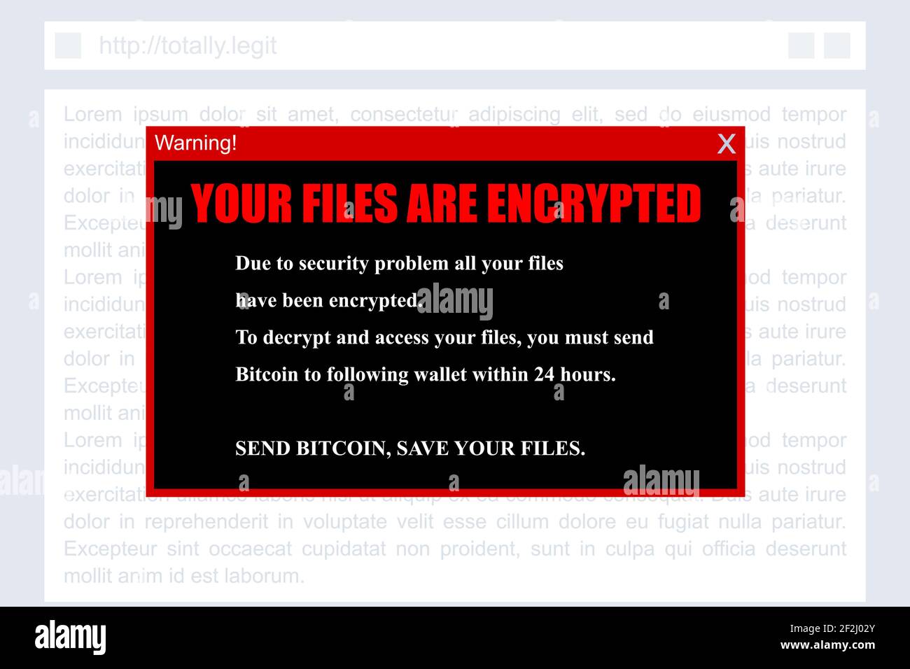 Ransomware message - encrypted files ransom. Vector illustration of ...