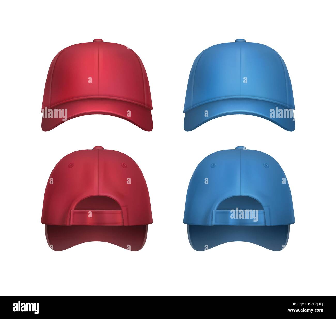Vector set of realistic red, blue baseball caps side and back view ...
