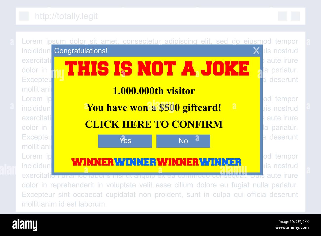 Fake winner pop up window. Malicious online advertising popup banner ...