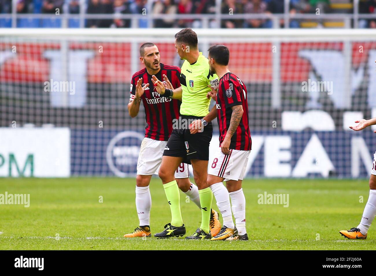 Leonardo Bonucci of AC Milan talks to referee during the Italian championship Serie A football ...