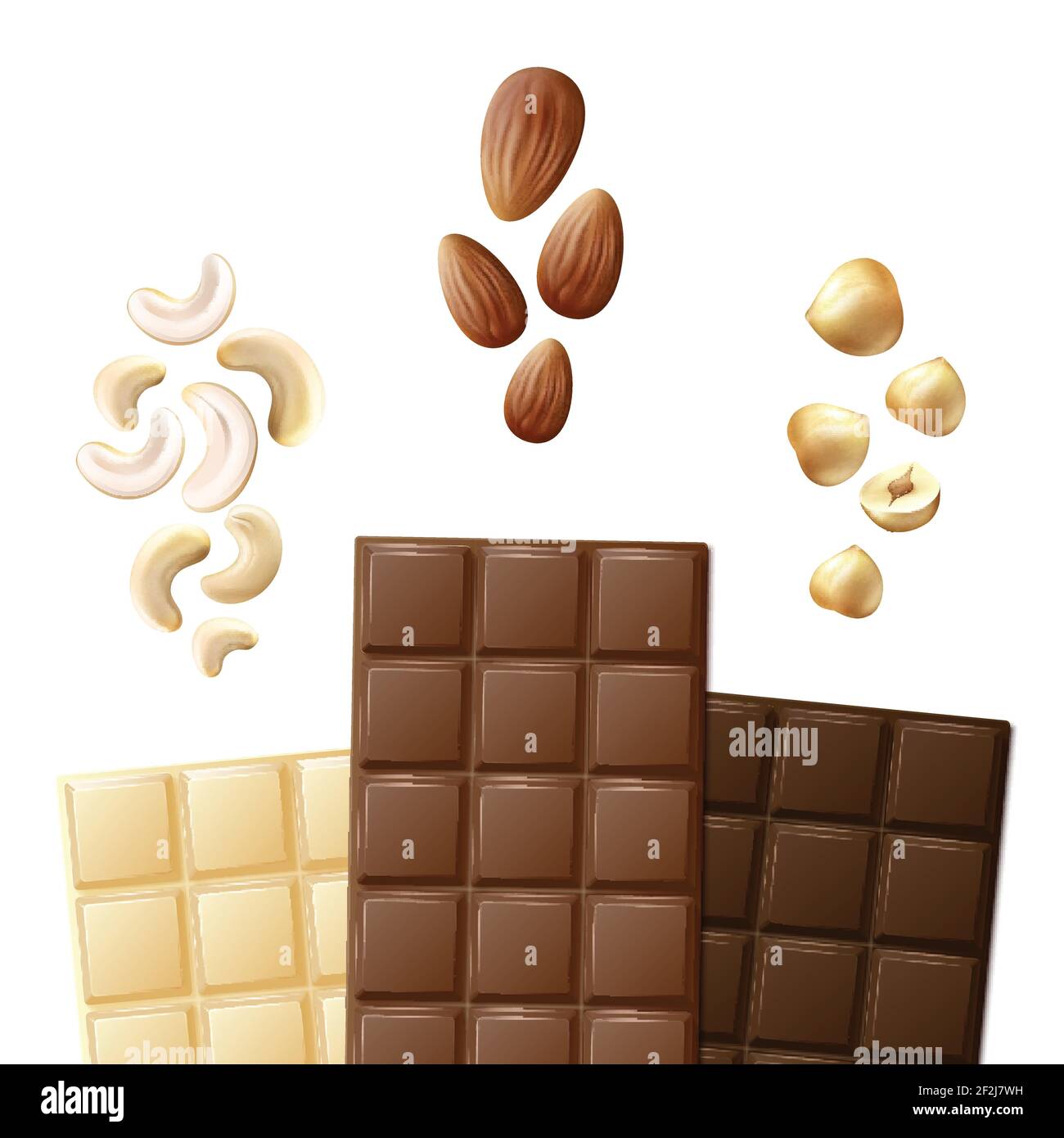 Vector different white, milk and bitter chocolate bars with cashew ...