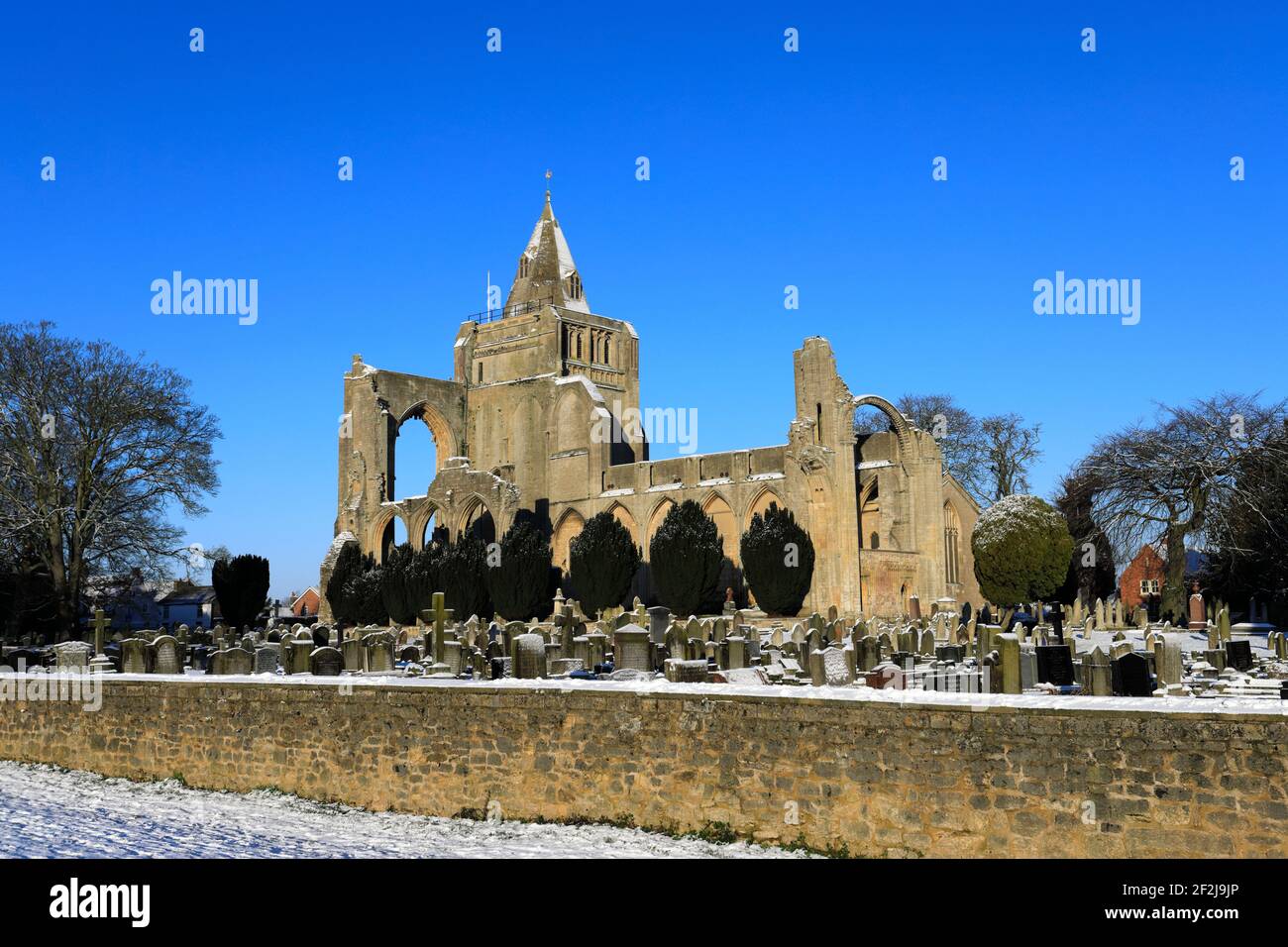 Winter snow over Crowland Abbey; Crowland town; Lincolnshire; England ...