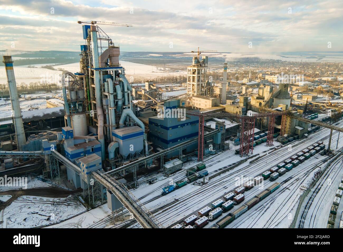 Aerial view of cement plant with high factory structure at industrial ...