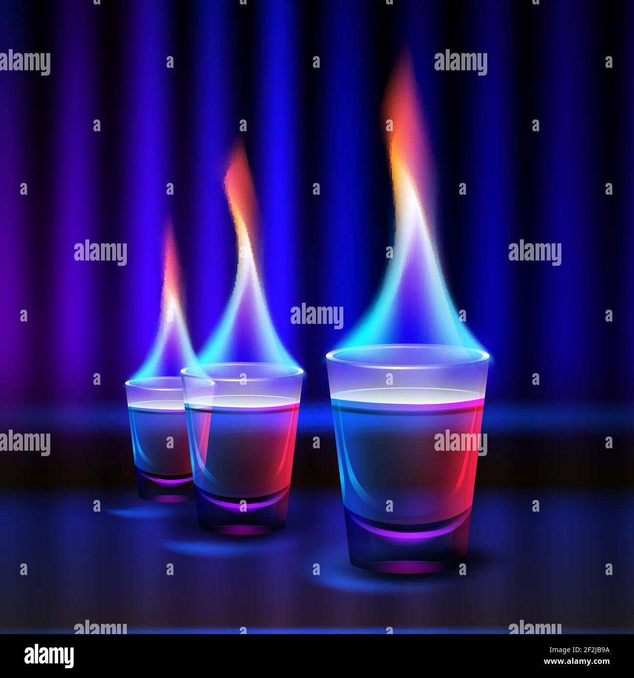 Vector burning cocktail shots with colored fire and blue, red backlight ...