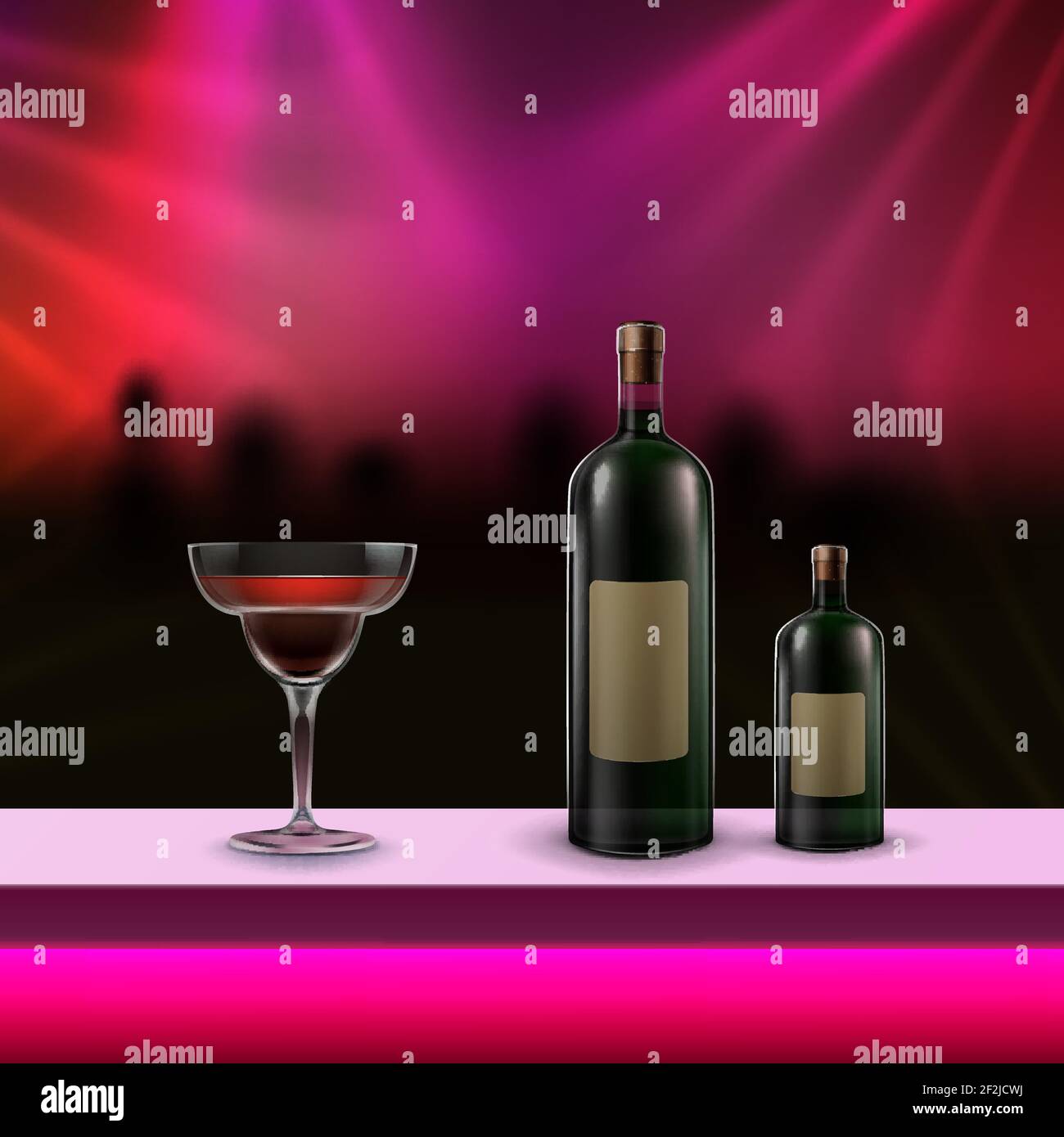 Vector alcoholic cocktail and two bottles on bar counter with bright ...