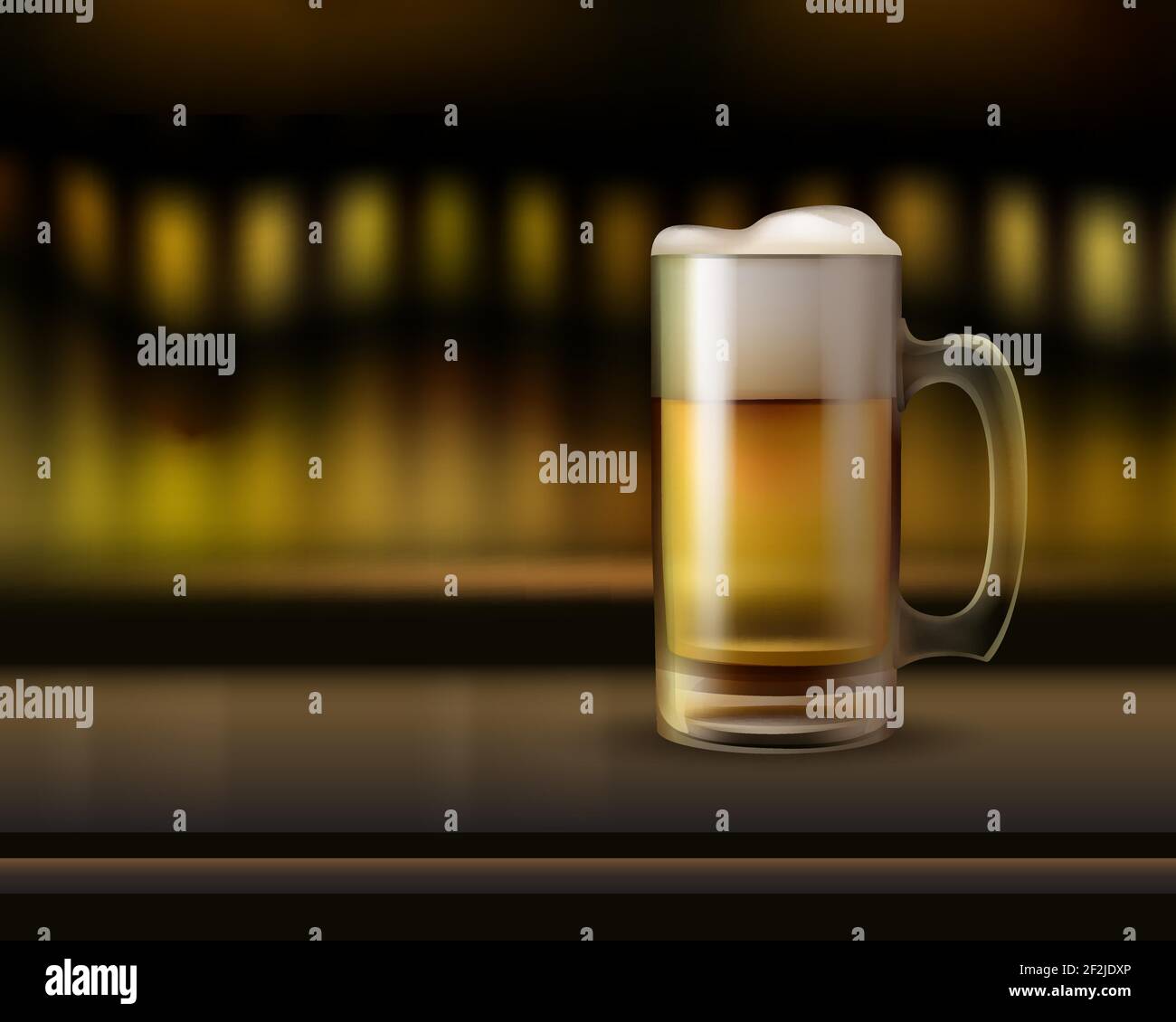 Vector big glass mug of beer on bar counter close up side view with ...