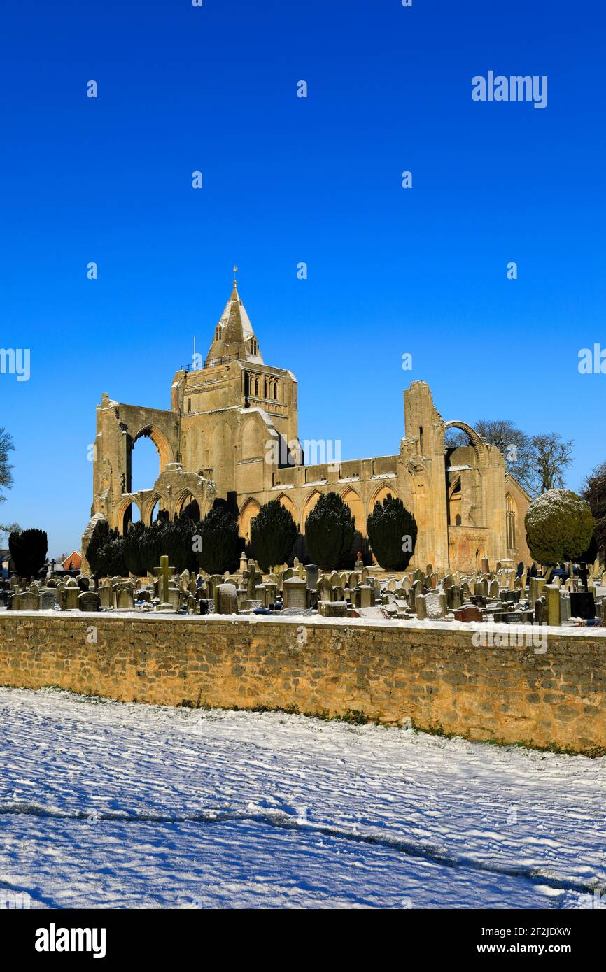 Winter snow over Crowland Abbey; Crowland town; Lincolnshire; England ...