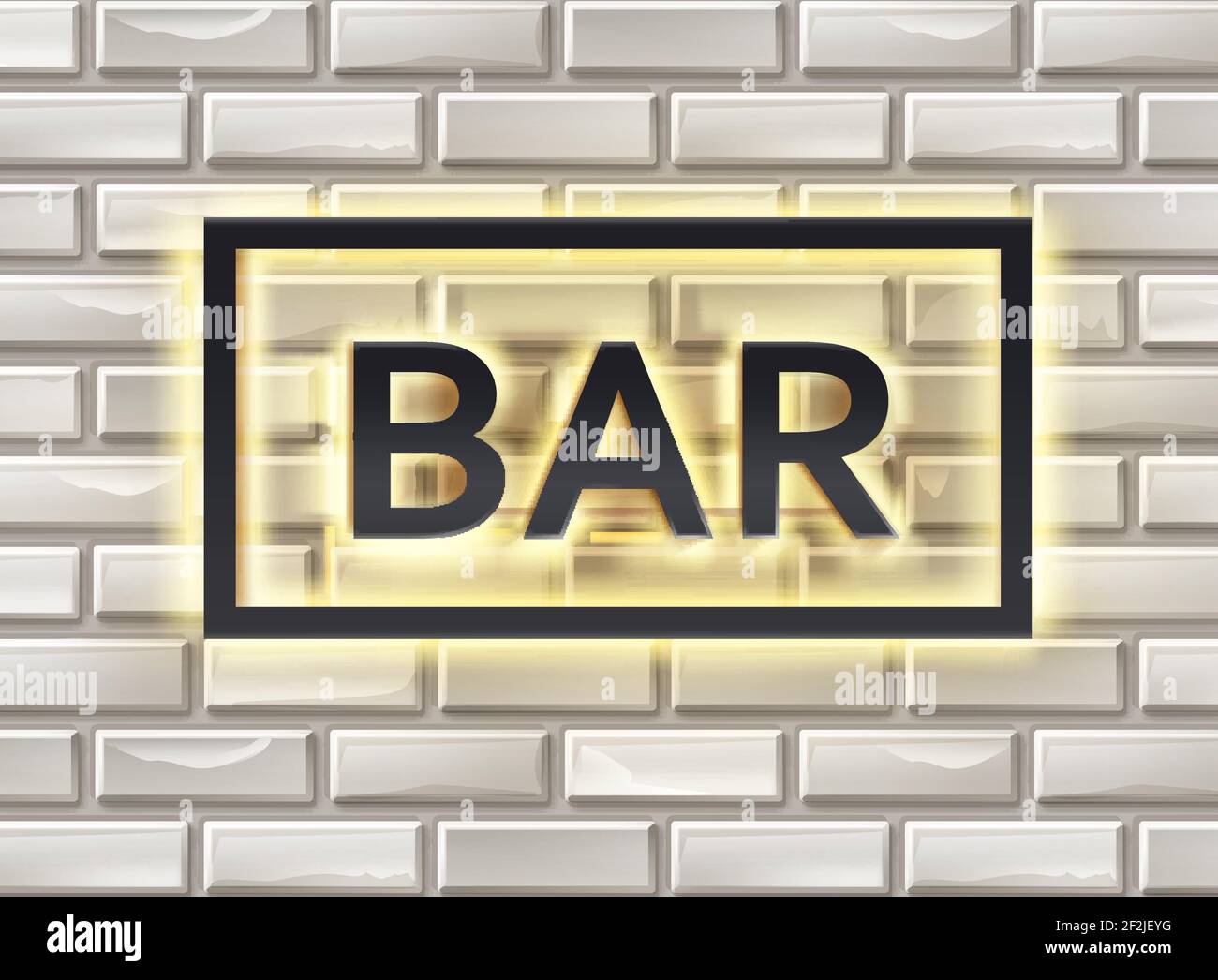 Vector illuminated with yellow black bar signboard on white brick wall ...