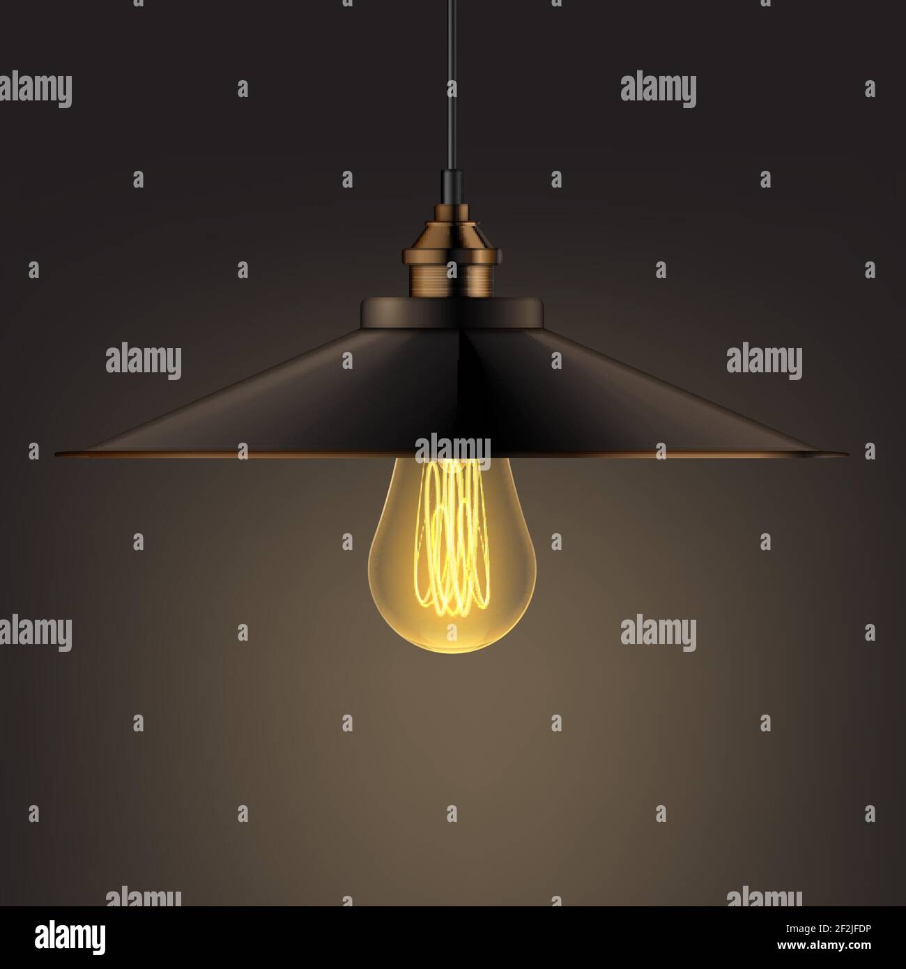 Vector bronze shining chandelier lamp front, side view close up on dark ...