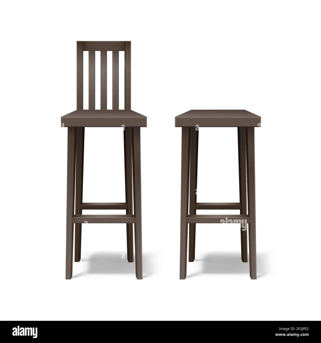 Vector two dark brown wooden bar stools front view isolated on white ...