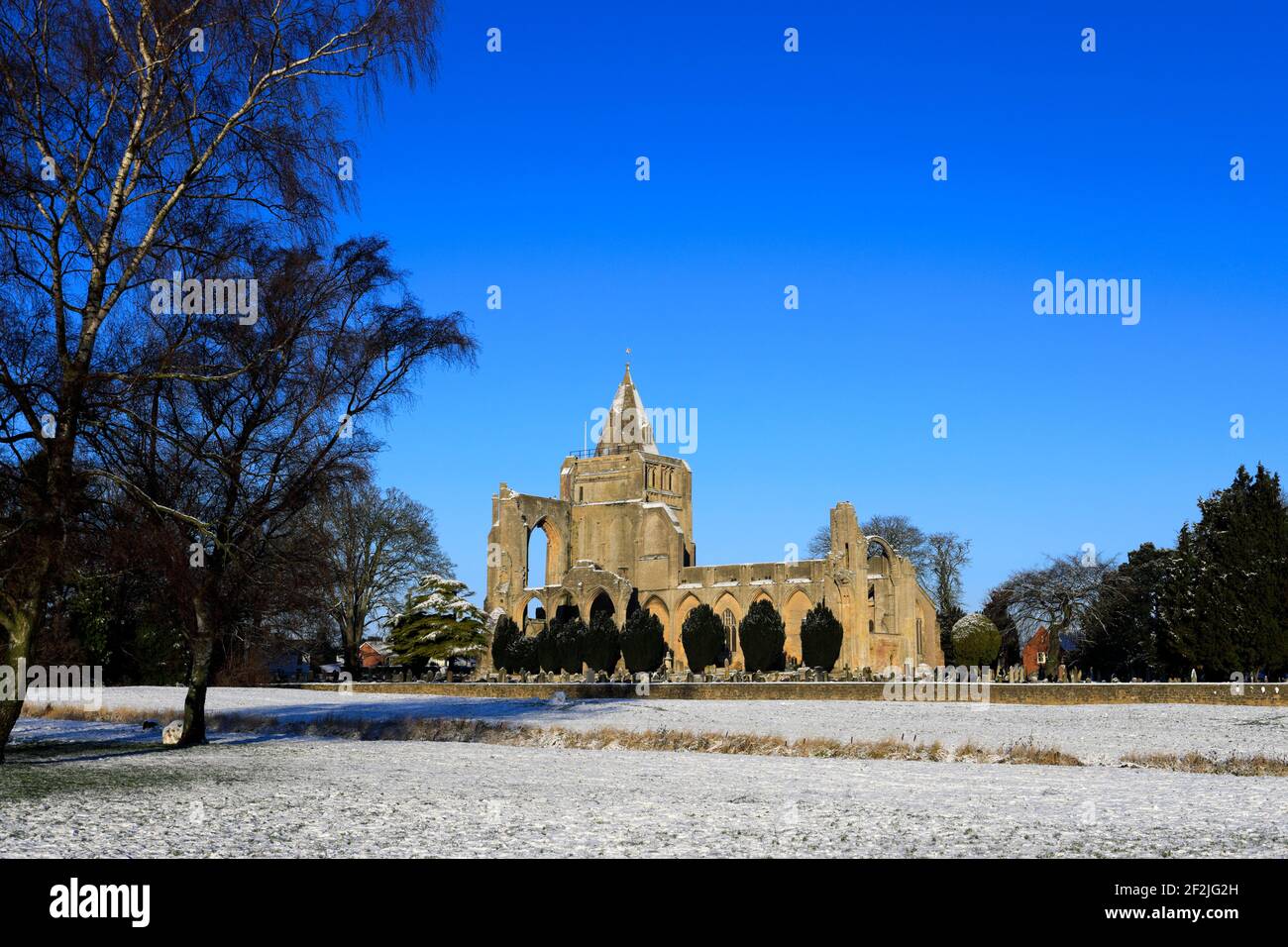Winter snow over Crowland Abbey; Crowland town; Lincolnshire; England ...
