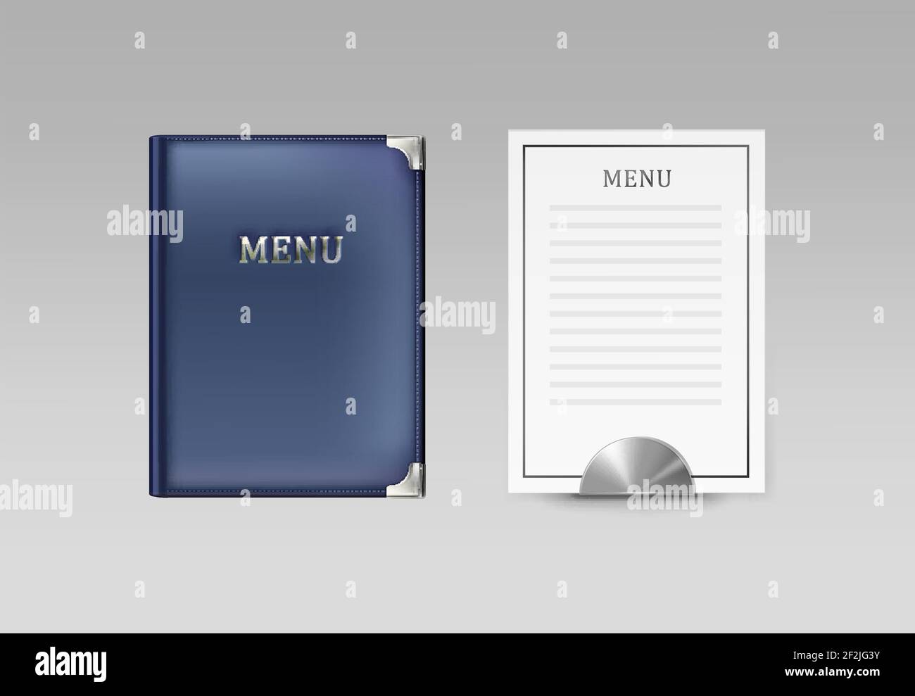 Vector blue cafe menu book holder and white card top view isolated on ...