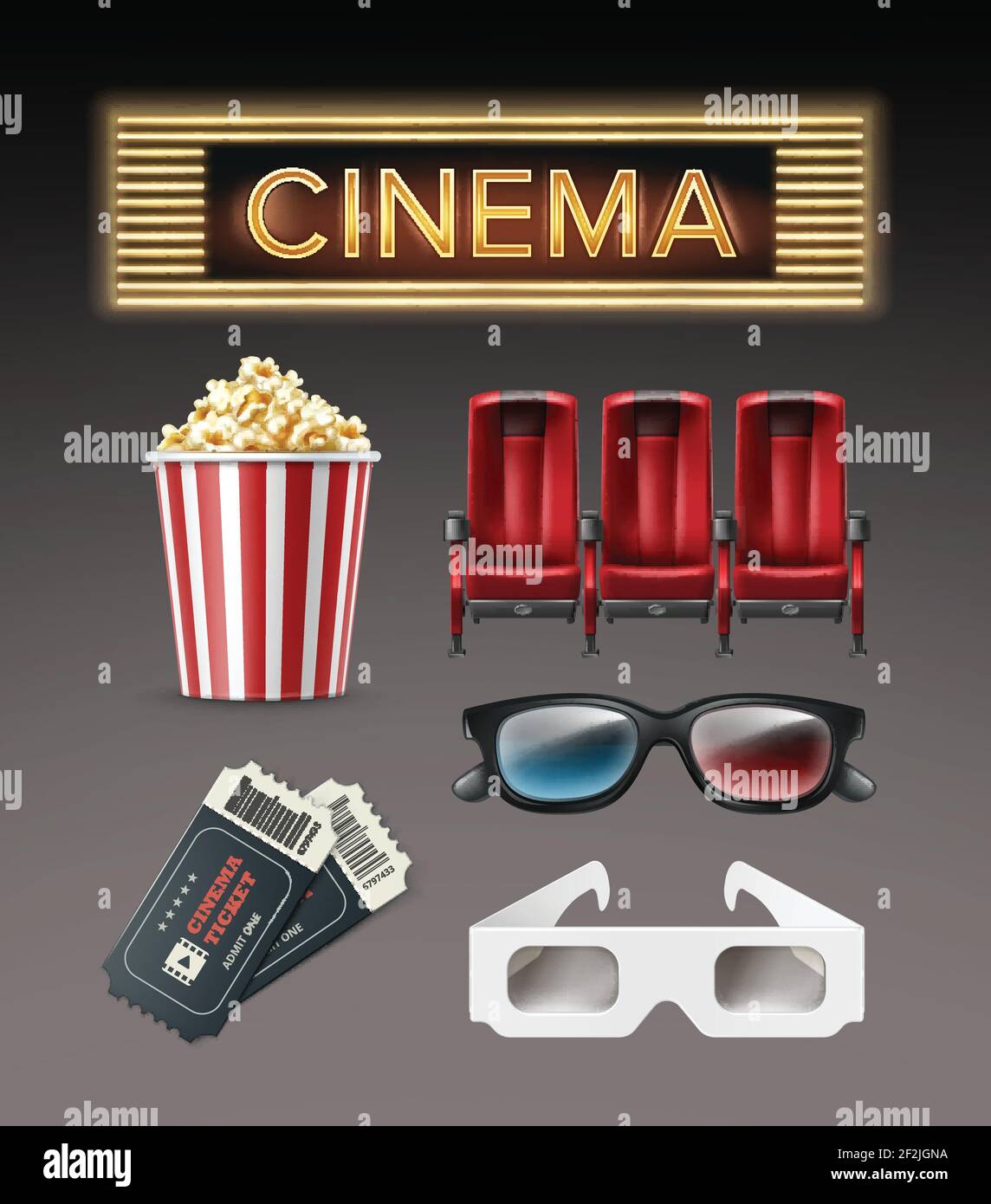 Vector different movie theater stuff red armchairs, 3d glasses, tickets ...