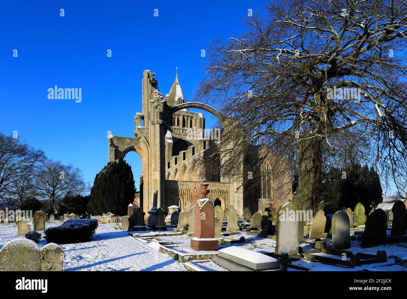Winter snow over Crowland Abbey; Crowland town; Lincolnshire; England ...