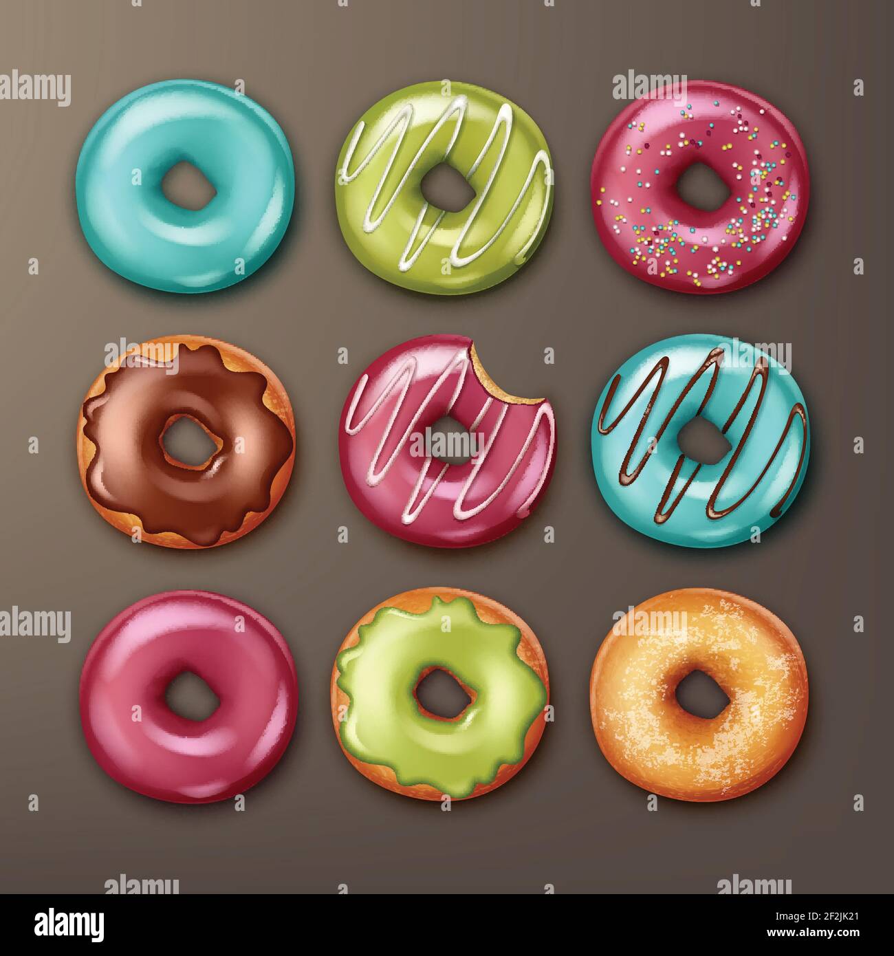 Vector set of different donuts with pink, blue, green, brown icing ...