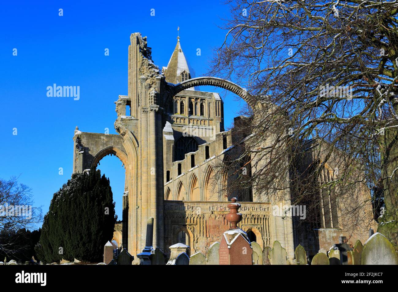 Winter snow over Crowland Abbey; Crowland town; Lincolnshire; England ...
