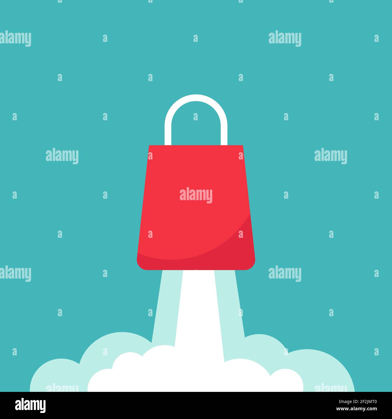 red shopping paper bag as rocket. flat icon isolated on blue. Fast ...