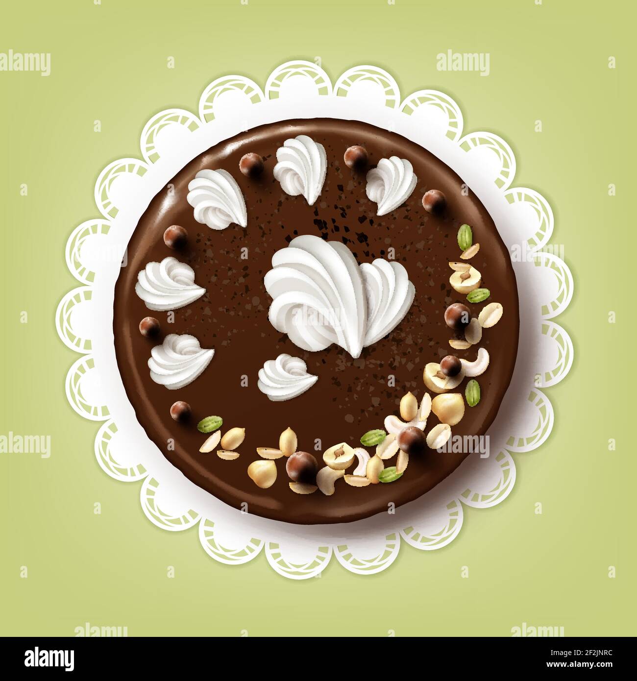 Vector whole chocolate puff cake with icing, whipped cream and nuts on ...