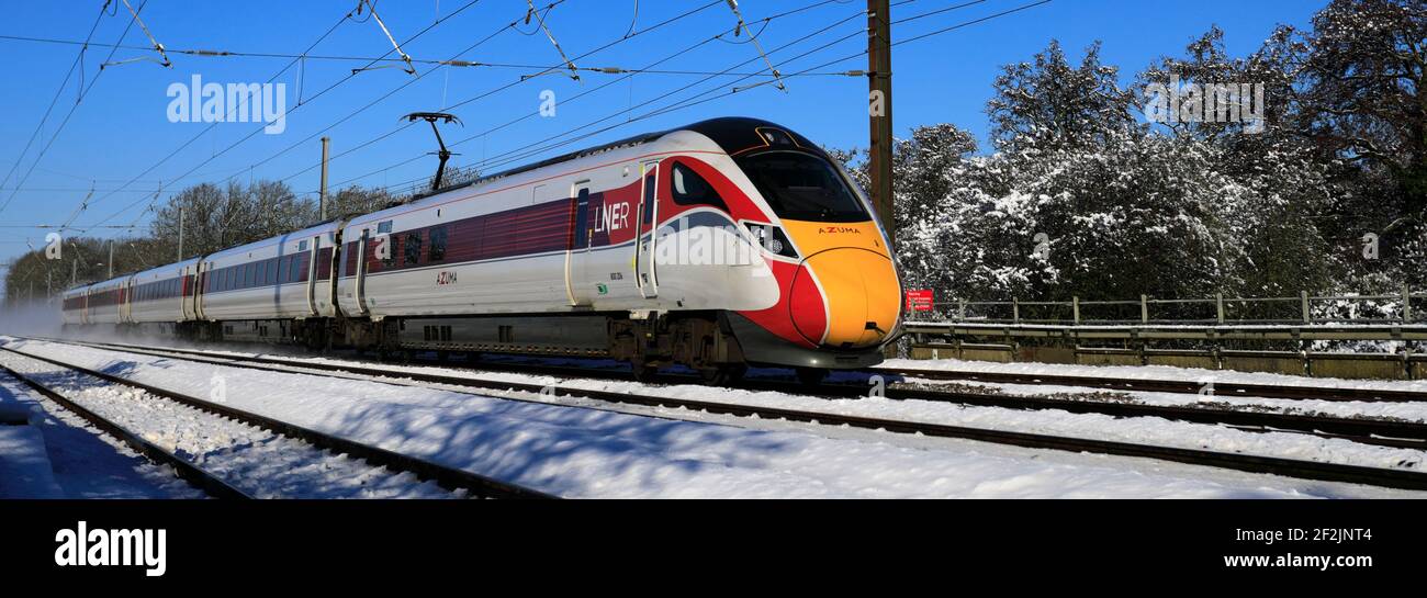 Class 800, LNER Azuma train in snow, East Coast Main Line Railway ...