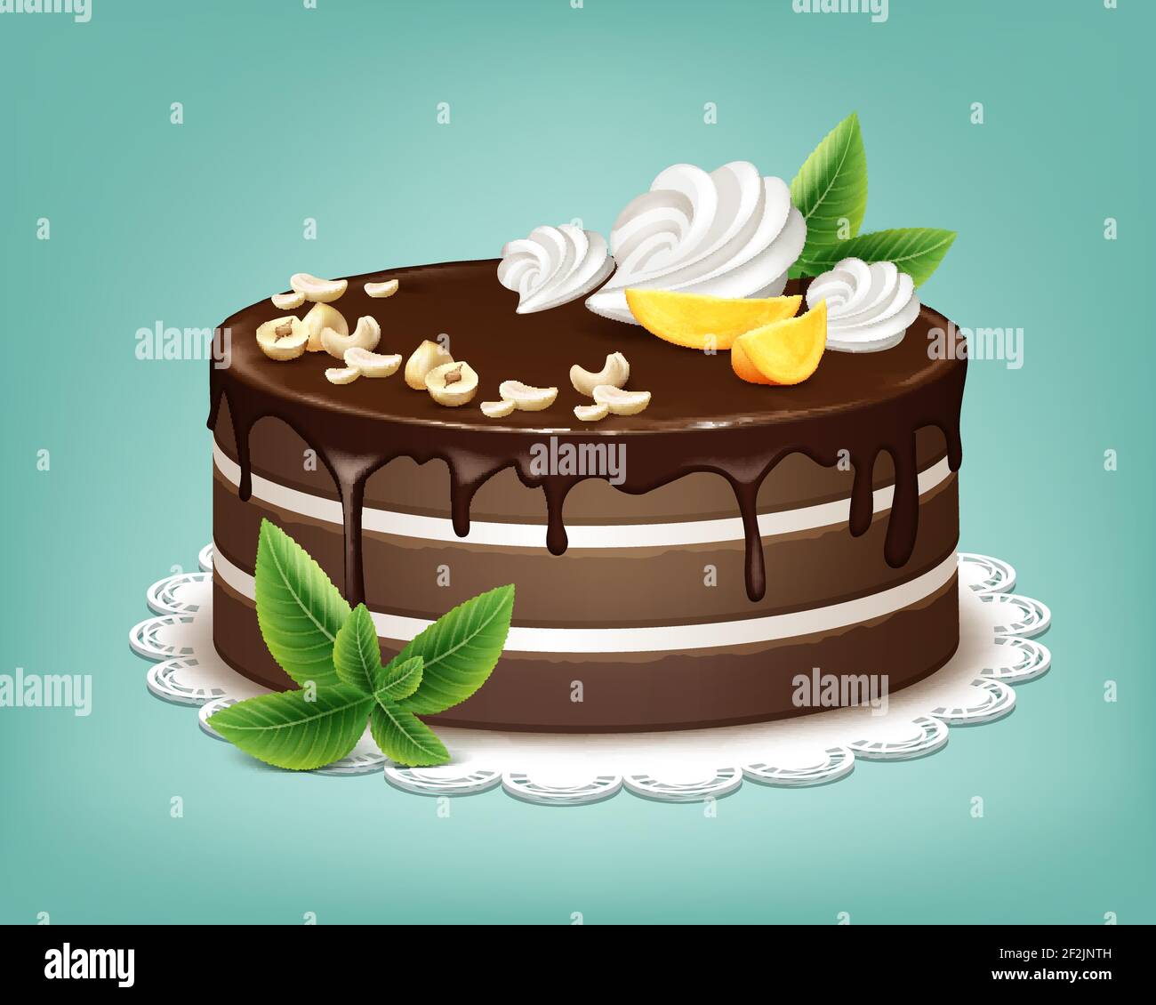 Vector whole chocolate puff cake with icing, whipped cream, nuts ...