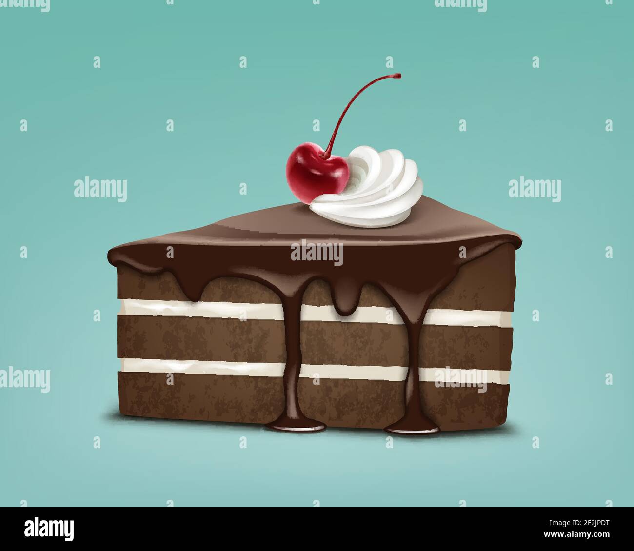 Vector piece of chocolate puff cake with icing, whipped cream and ...