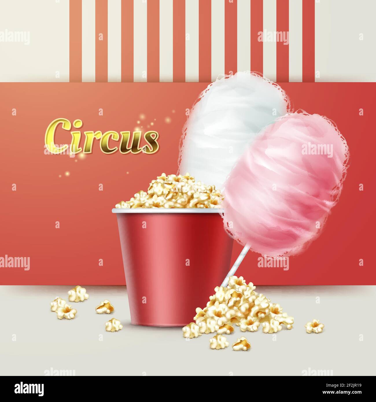 Vector big red bowl of popcorn with pink, white cotton candy and circus ...