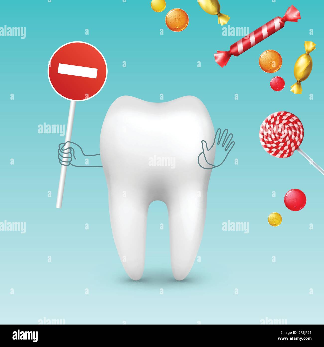 Vector tooth character with stop sign against diffrent sweets, bonbons ...