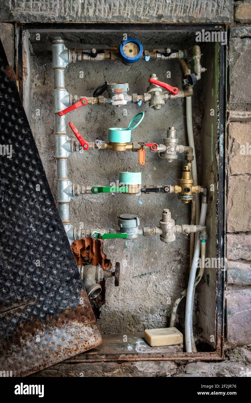 House water supply with stop cocks and water meters Stock Photo - Alamy