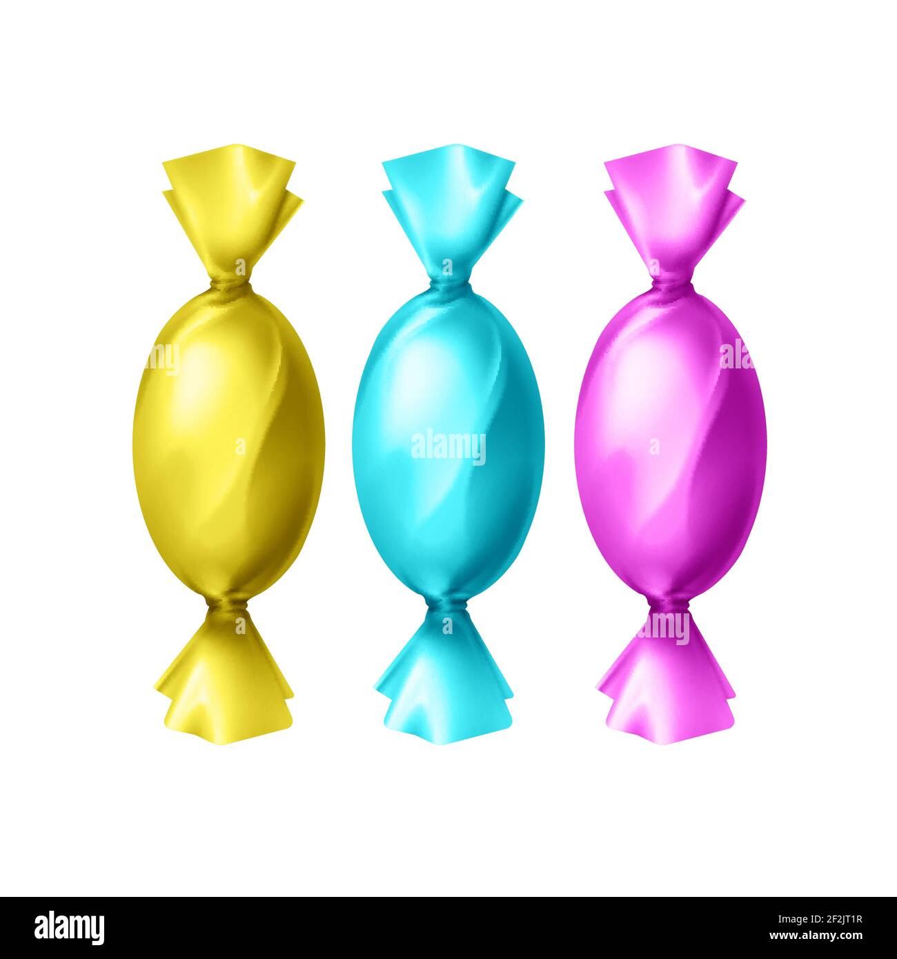 Vector candies in blank colorful yellow, cyan, magenta foil wrapper top ...