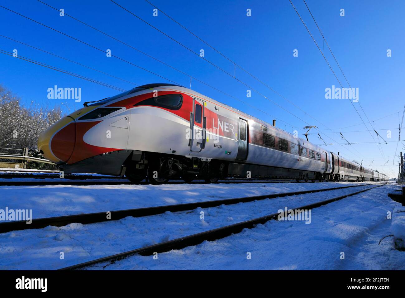 Class 800, LNER Azuma train in snow, East Coast Main Line Railway ...