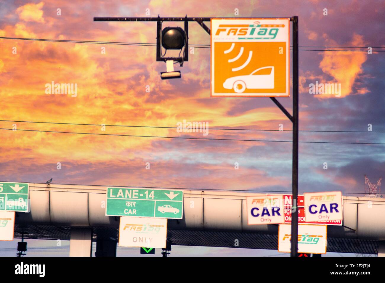 Fast Tag sign near a toll booth showing the new cashless RFID based ...
