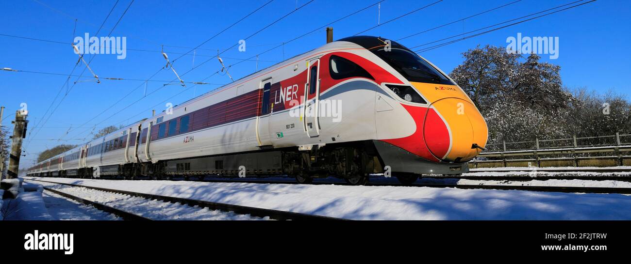 Class 800, LNER Azuma train in snow, East Coast Main Line Railway ...