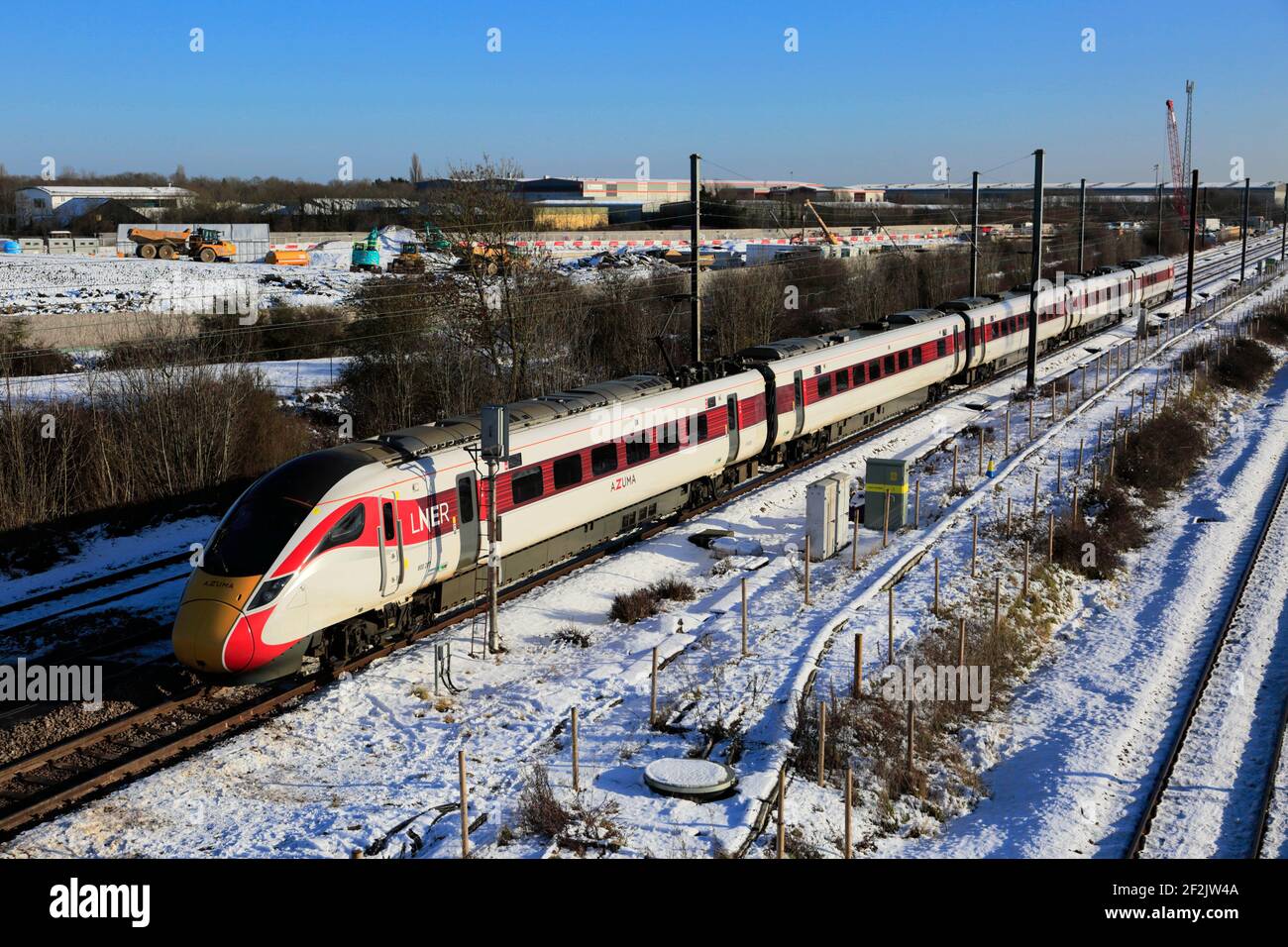 Class 800, LNER Azuma train in snow, Werrington Grade Separation, Cock ...