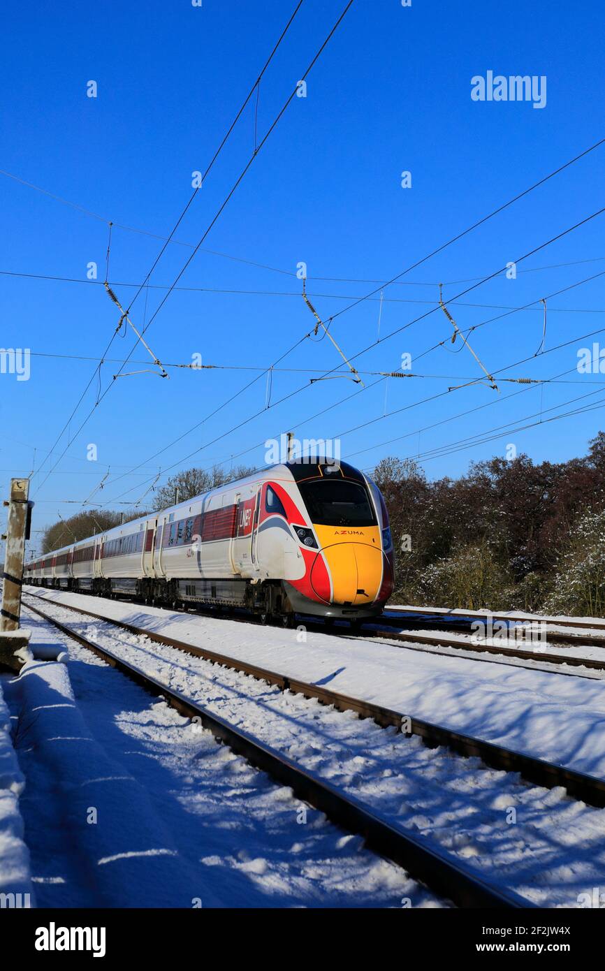Class 800, LNER Azuma train in snow, East Coast Main Line Railway ...