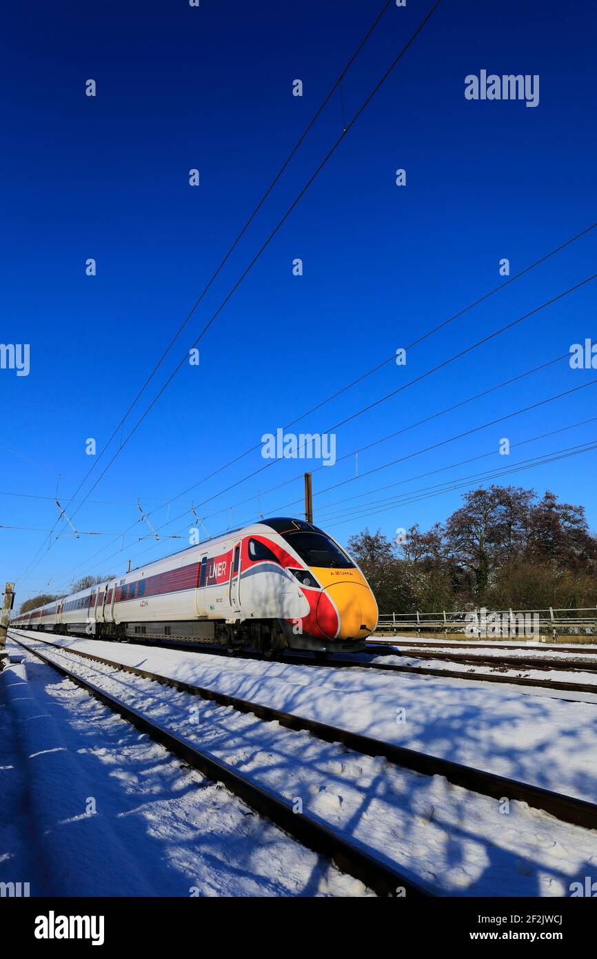 Class 800, LNER Azuma train in snow, East Coast Main Line Railway ...